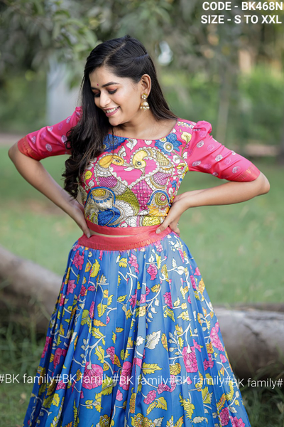 Cornflower Blue Kalamkari Silk Crop Top Set