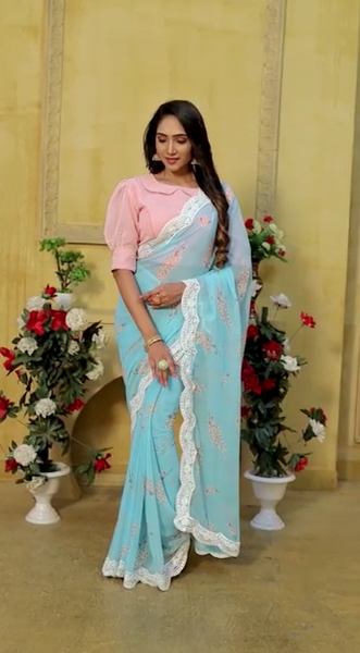 Blue And White Georgette Sita Raman Saree