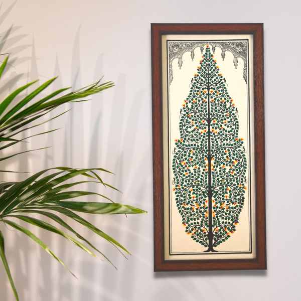 Green Tree of Life Tussar Silk Picture Frame | Pattachitra Painting
