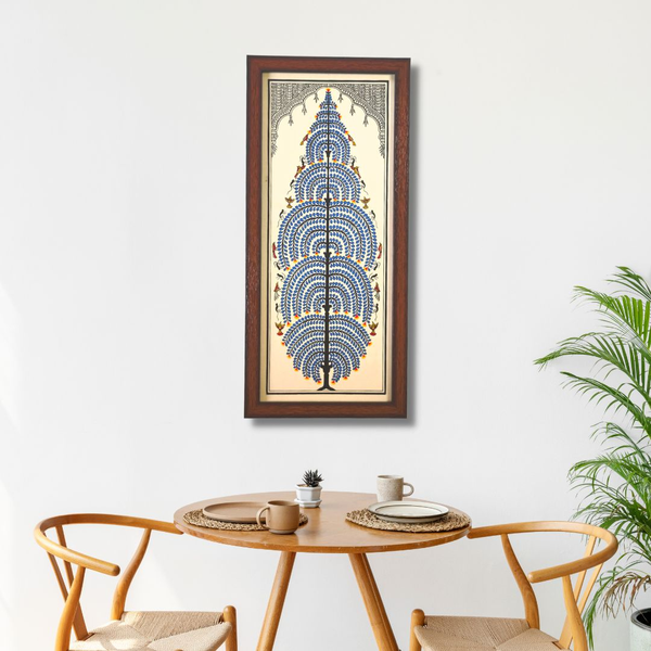 Blue Tussar Silk Painting | Pattachitra Tree of Life | Framed Artwork