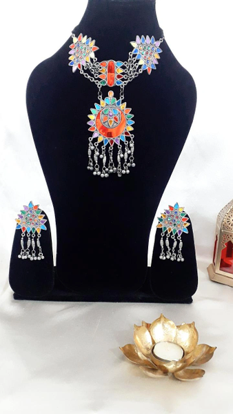 MULTICOLORED RED CHAND DESI AFGHAN CHOKER SET