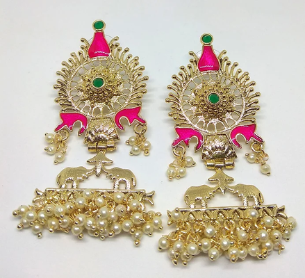 Pink Golden Elephant Pearls Drop Long Earrings