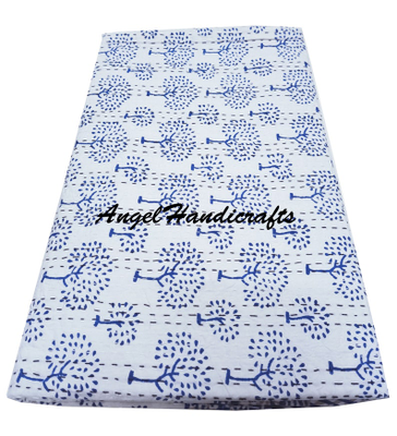 Blue Tree Hand Block Print Cotton White Blanket