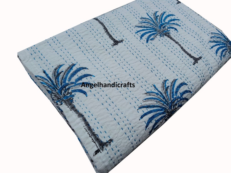 Hand Block Palm Tree Print Handmade Bed Cover