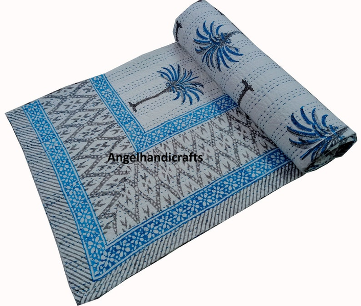 Hand Block Palm Tree Print Handmade Bed Cover