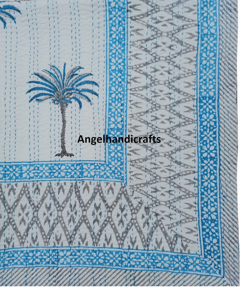 Hand Block Palm Tree Print Handmade Bed Cover