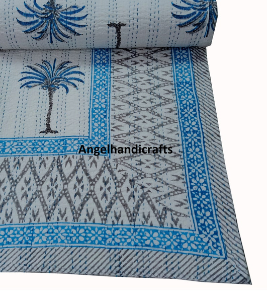 Hand Block Palm Tree Print Handmade Bed Cover