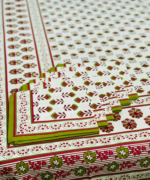 Pink Floral Hand Block Print Cotton Table Cover With 6 Napkins