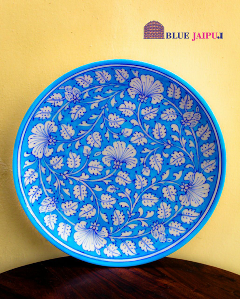 Blue Pottery Handmade Turquoise Floral 8 Inch Wall Plate