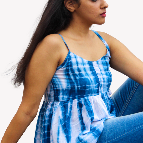 Women Blue Tie-dye strap flare top