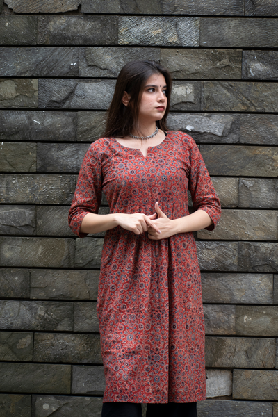 Women Red Overall Ajrakh Cotton Flare Long Kurta