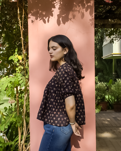 Sadak Black Ajrakh Puff Sleeve Women Top - Cotton