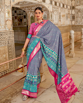 Greyish Blue Patrani Patola Saree With Pink Border