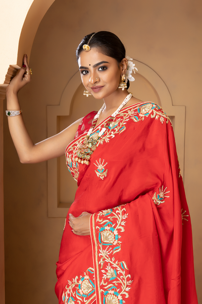 Fiery Red Saree In Silk With Zardozi Embroidered Floral Deign On The ...