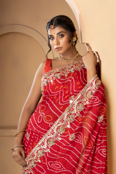 Fiery Red Saree In Crepe With Bandhani Dot Print Adorned In Gotta Patti And Zardozi Embroidered ...