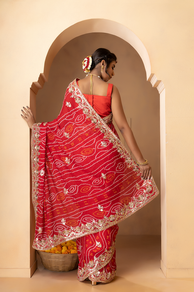 Fiery Red Saree In Crepe With Bandhani Dot Print Adorned In Gotta Patti And Zardozi Embroidered ...
