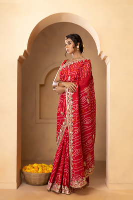 Fiery Red Saree In Crepe With Bandhani Dot Print Adorned In Gotta Patti And Zardozi Embroidered ...