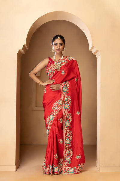 Fiery Red Saree In Silk With Zardozi Embroidered Floral Deign On The ...