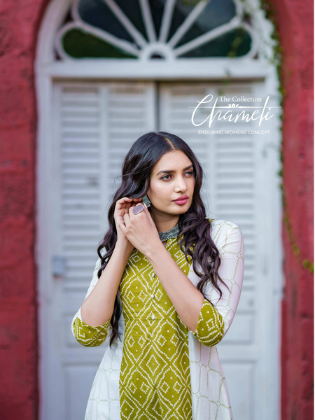 Light olive green and off white cotton kurthi with bandhini print