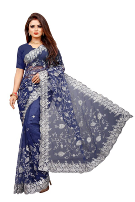 Bollywood Embroidered Work Blue Color Net Cut Work Saree