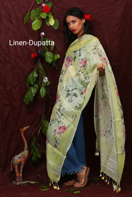 Beautiful Floral Print Linen Dupatta With Tussels