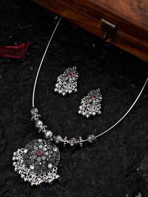Oxidised Silver-Plated Ruby Stone-Studded Jewellery Set