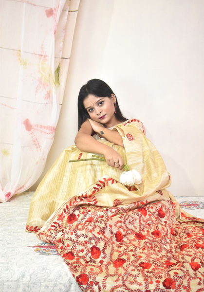 Parsi Rose Kantha Stitch Hand Embroidered Mixed Tussar Saree With ...