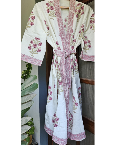 Handblock Print Bathrobe - Rose