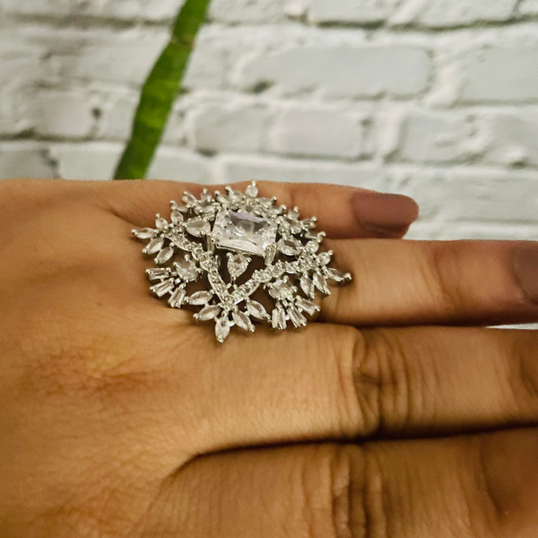 White American Diamond Cocktail Finger Ring - 3