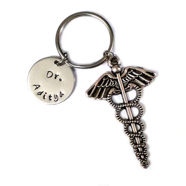 Personalized Caduceus Doctor Key chain with round disc