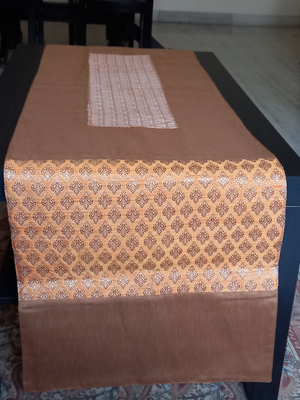 Brown Raw Silk Table Runner with peach brocade patchwork.