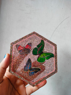 Butterfly Glitter Core Heaxagon Coaster