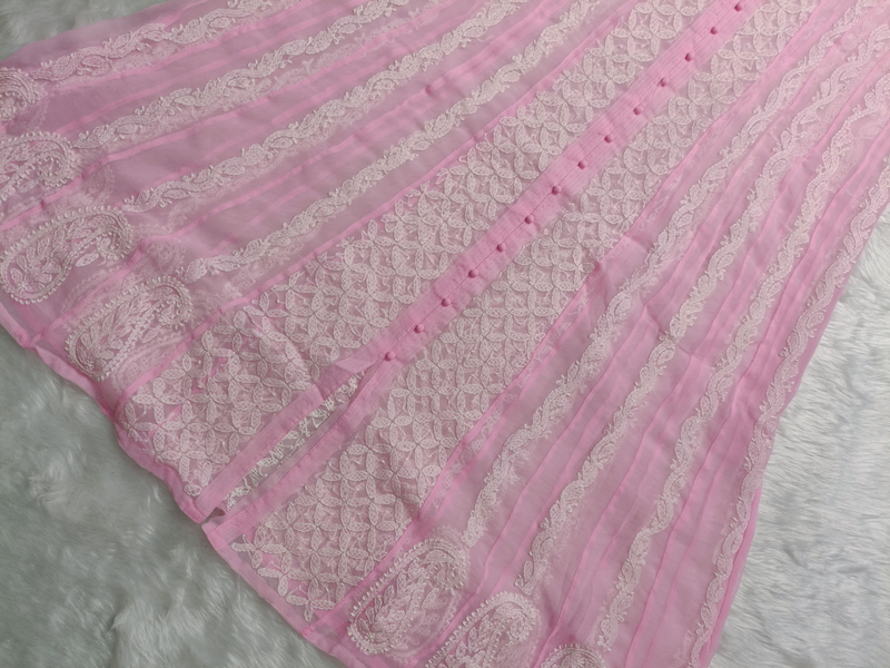 House of Oudh Hand Embroidered Lucknowi Chikankari Georgette Baby Pink ...