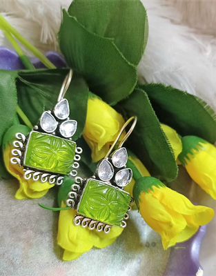 Lime Green carved square stone dangler - E106.b