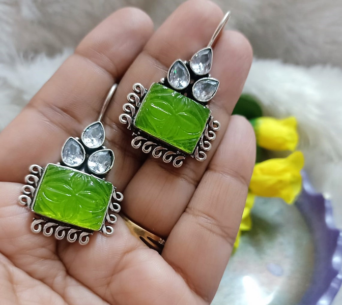Lime Green carved square stone dangler - E106.b