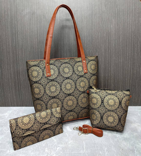 3 Piece Combo: Double Zip Jacquard Tote/Handbag, Wallet and Sling Bag