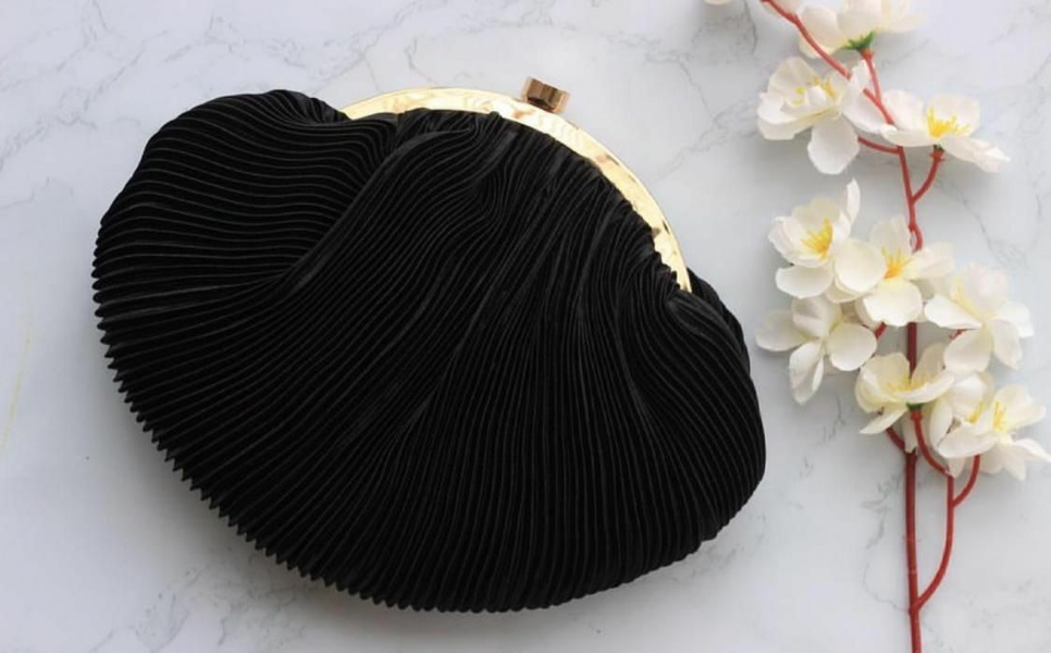 Gold Pleated Batua With Long Sling Chain
