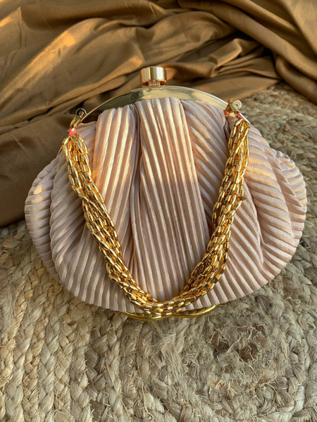 Gold Pleated Batua With Long Sling Chain