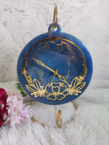 Resin Table Clock With Golden Acrylic With Golden Stand