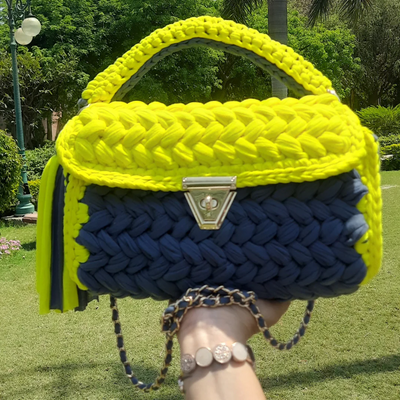Shiroli Handmade Designer Lemon-Grey Crochet Handbag