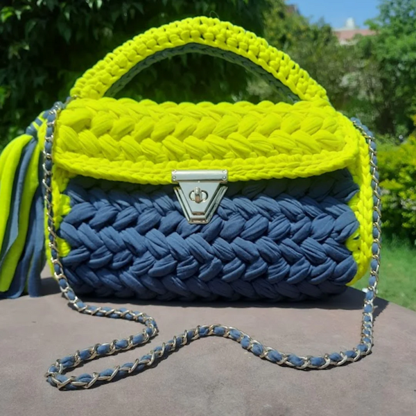Shiroli Handmade Designer Lemon-Grey Crochet Handbag