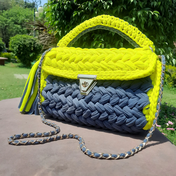 Shiroli Handmade Designer Lemon-Grey Crochet Handbag