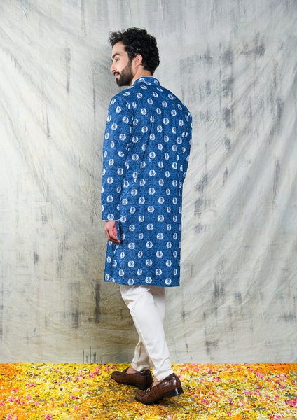 EMBROIDERED REFLEX BLUE BANDHANI KURTA SET WITH SEQUINS & CONTRAST ...