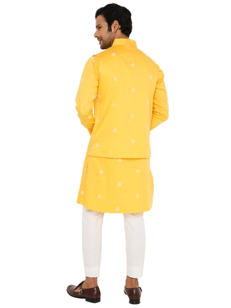 DUSHERI YELLOW SATIN EMBRIODERED KURTA BANDI SET WITH NECK DETAILING