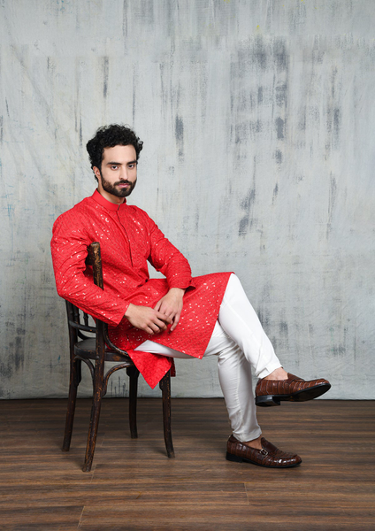 EMBROIDERED SCARLET RED KURTA PYJAMA SET WITH ALL OVER SEQUIN DESIGN