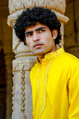 BLAZING YELLOW SATIN KURTA WITH EMBROIDERED COLLAR & YOKE PATTI