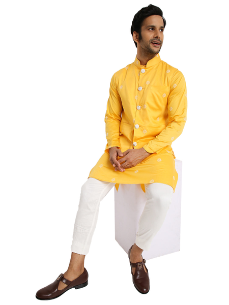 DUSHERI YELLOW SATIN EMBRIODERED KURTA BANDI SET WITH NECK DETAILING