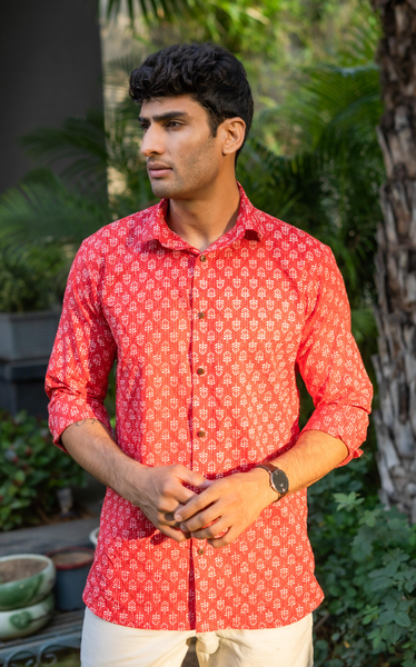 The Red Kantha Work Shirt With White Butti Print
