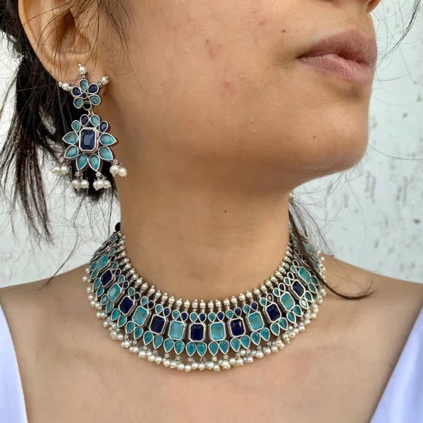 Oxidised Silver Plated Handcrafted Blue Stone Necklace Set