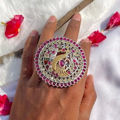 Oxidised Red & Yellow Stone Peacock Design Ring